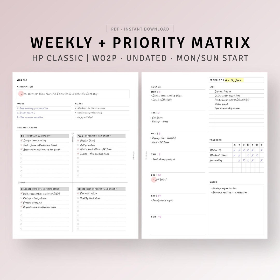 Undated Weekly Planner With Priority Matrix HP Classic Ring Printable ...