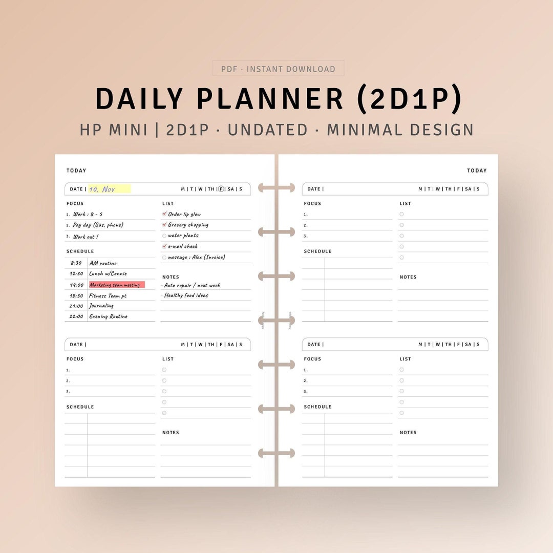 Undated Daily Planner HP Mini Inserts Printable 2 Days on 1 Page, Daily ...