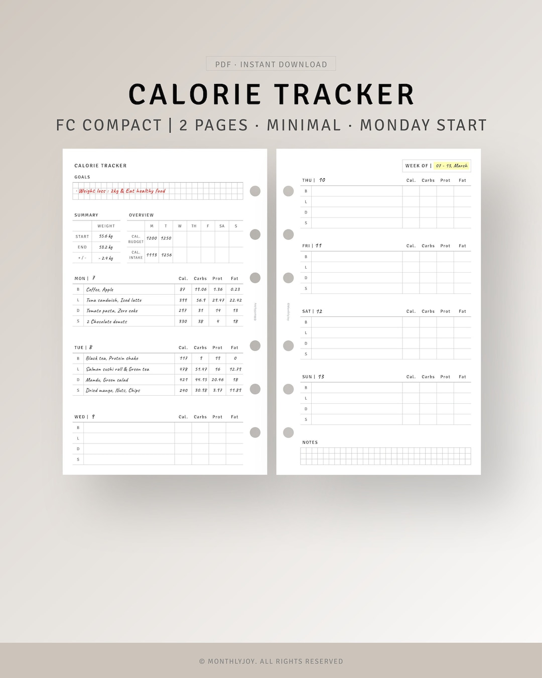 Calorie Tracker FC Compact Inserts Printable Weight Loss Tracker, Food ...