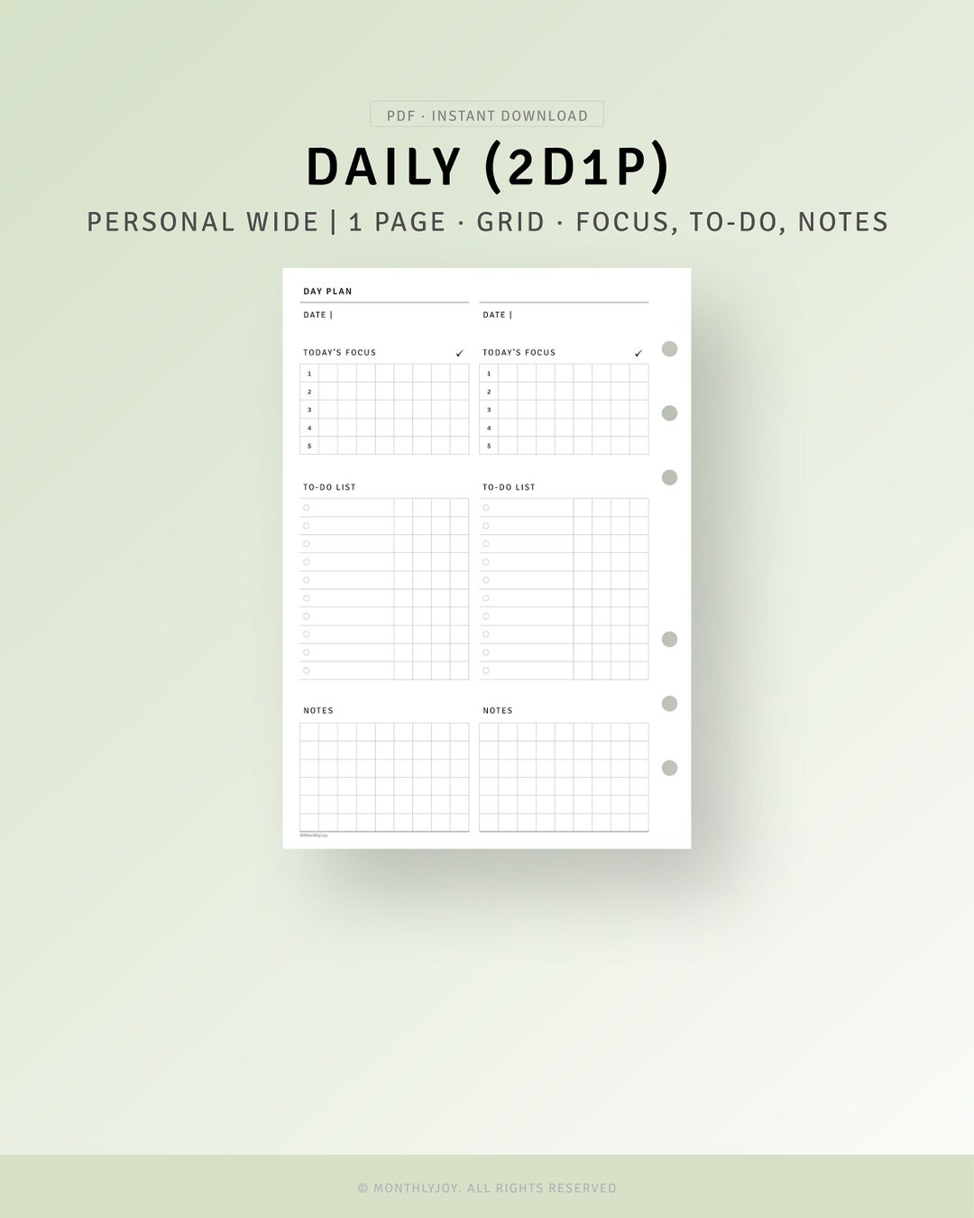 2 Days on 1 Page Printable Personal Wide Inserts, 2D1P, Undated Daily ...