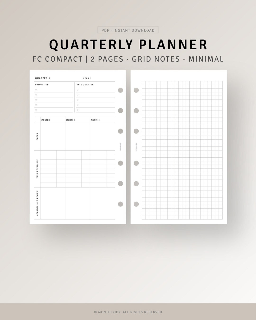 Quarterly Planner FC Compact Printable Inserts, 3 Months Template, 90 ...