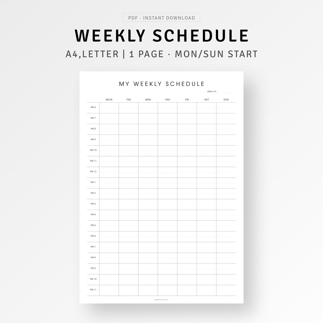 Weekly Template Printable A4/letter Size, Daily Hourly Planner Sheet ...