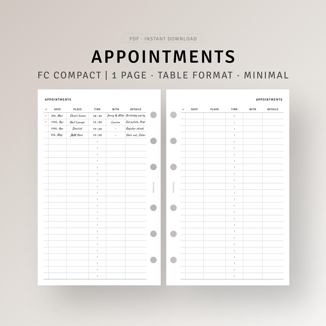 Appointments Tracker FC Compact Inserts, Appointment Scheduling Planner ...