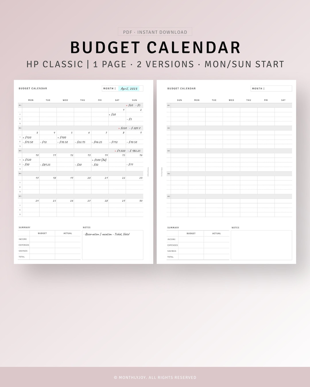 Budget Planning Calendar Printable HP Classic Size, Income Expense ...