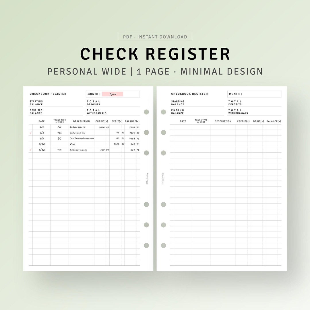 Check Register Printable Personal Wide Inserts, Spending Tracker ...