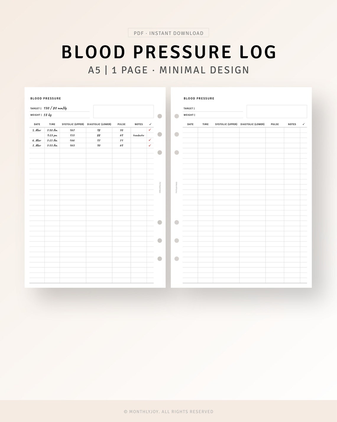Blood Pressure Log Printable A5 Planner Inserts Daily Blood - Etsy