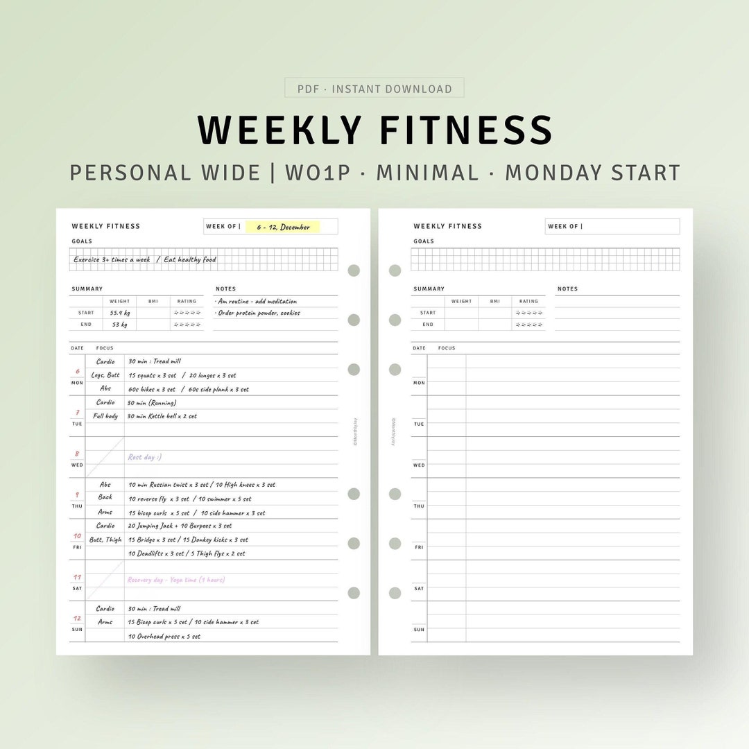 Weekly Fitness Tracker Personal Wide Printable Inserts, Daily Workout ...