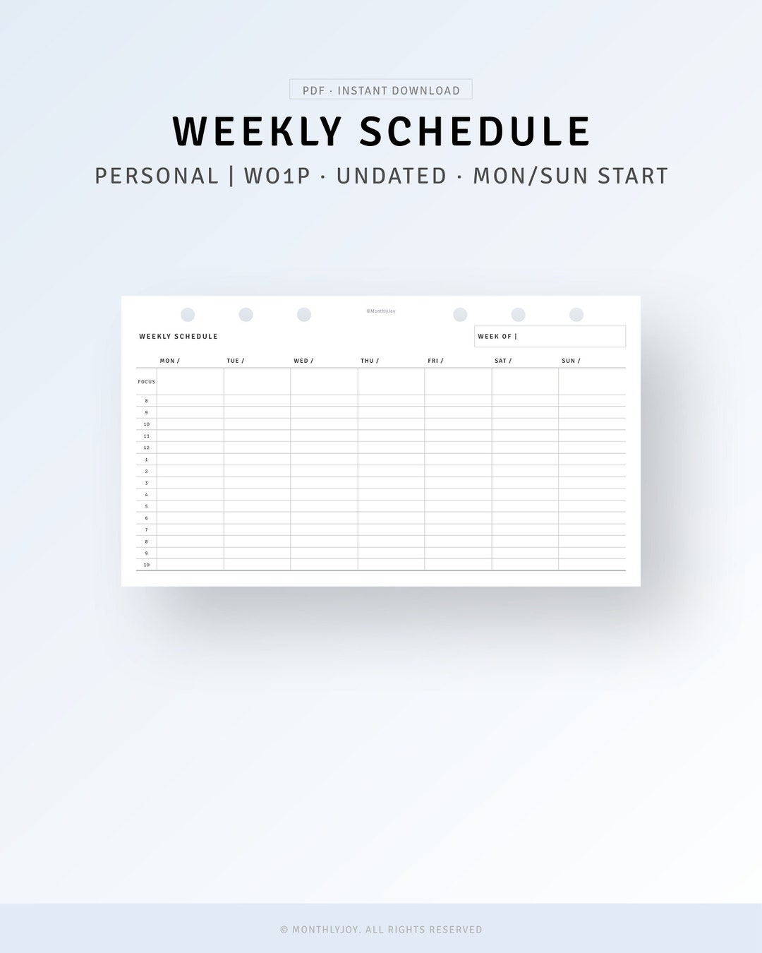 Personal, Weekly Hourly Schedule Planner Printable Week on One Page ...