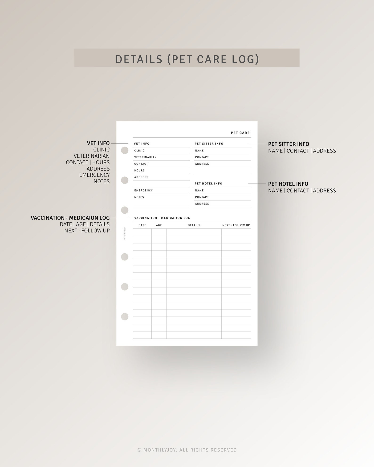 Pet Planner Printable FC Compact Inserts, Cat Puppy Health Records, Pet Care Tracker Journal ...