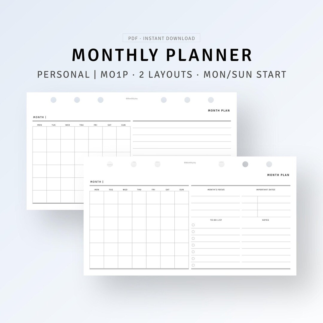 Personal, Monthly Overview Planner Printable With Blank Calendar, Month ...