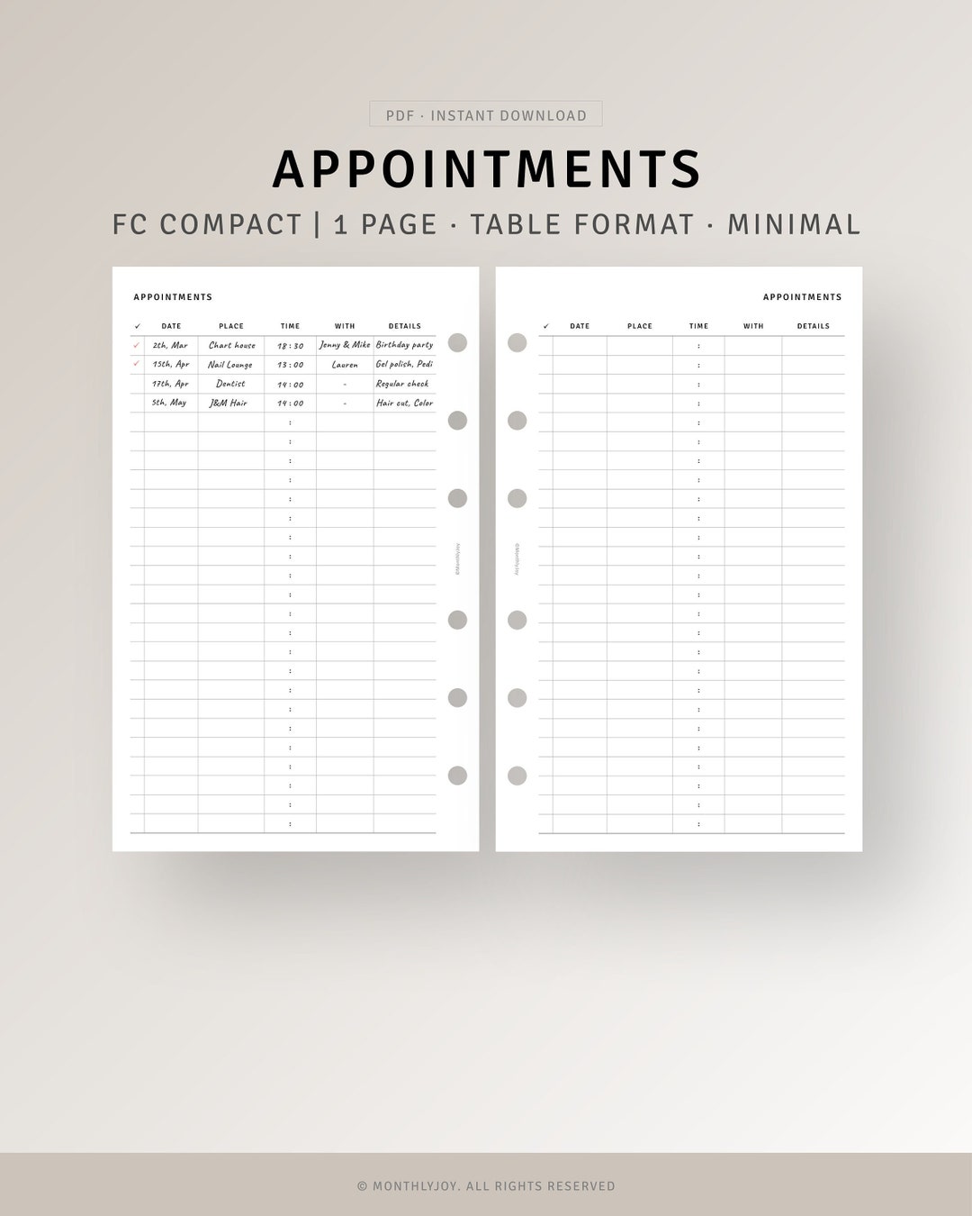 Appointments Tracker FC Compact Inserts, Appointment Planner Sheet, Doctor's Meeting Appointment ...