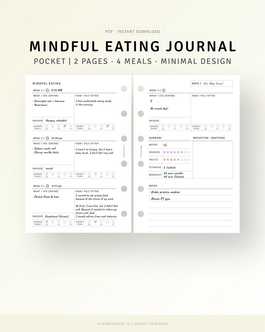 Mindful Eating Food Journal Printable Pocket Size Inserts, Food Log ...