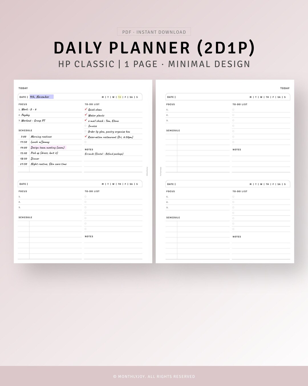 Minimalist Daily Planner Sheet Printable HP Classic Inserts, 2 Days on ...