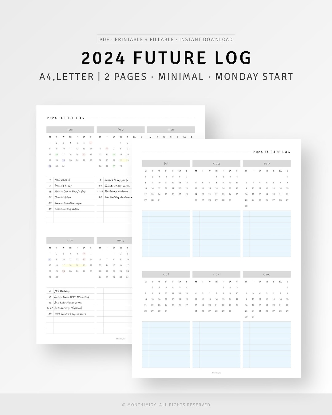 2024 Future Log Printable A4/Letter Inserts, Calendário Trimestral ...