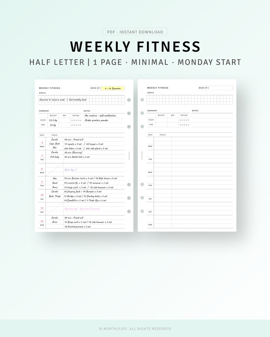 Weekly Fitness Tracker Printable Half Letter Planner Inserts, Diet ...