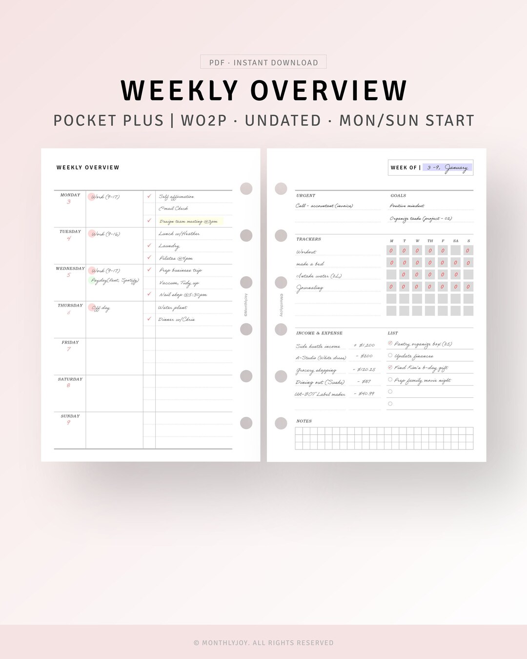Weekly Overview Printable Pocket Plus Inserts Schedule Organizer, Week ...
