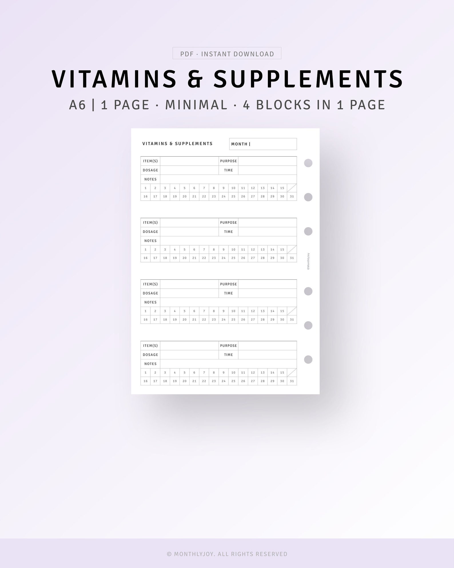 A6 Size Medication Log Tracker Printable Vitamin Supplement - Etsy