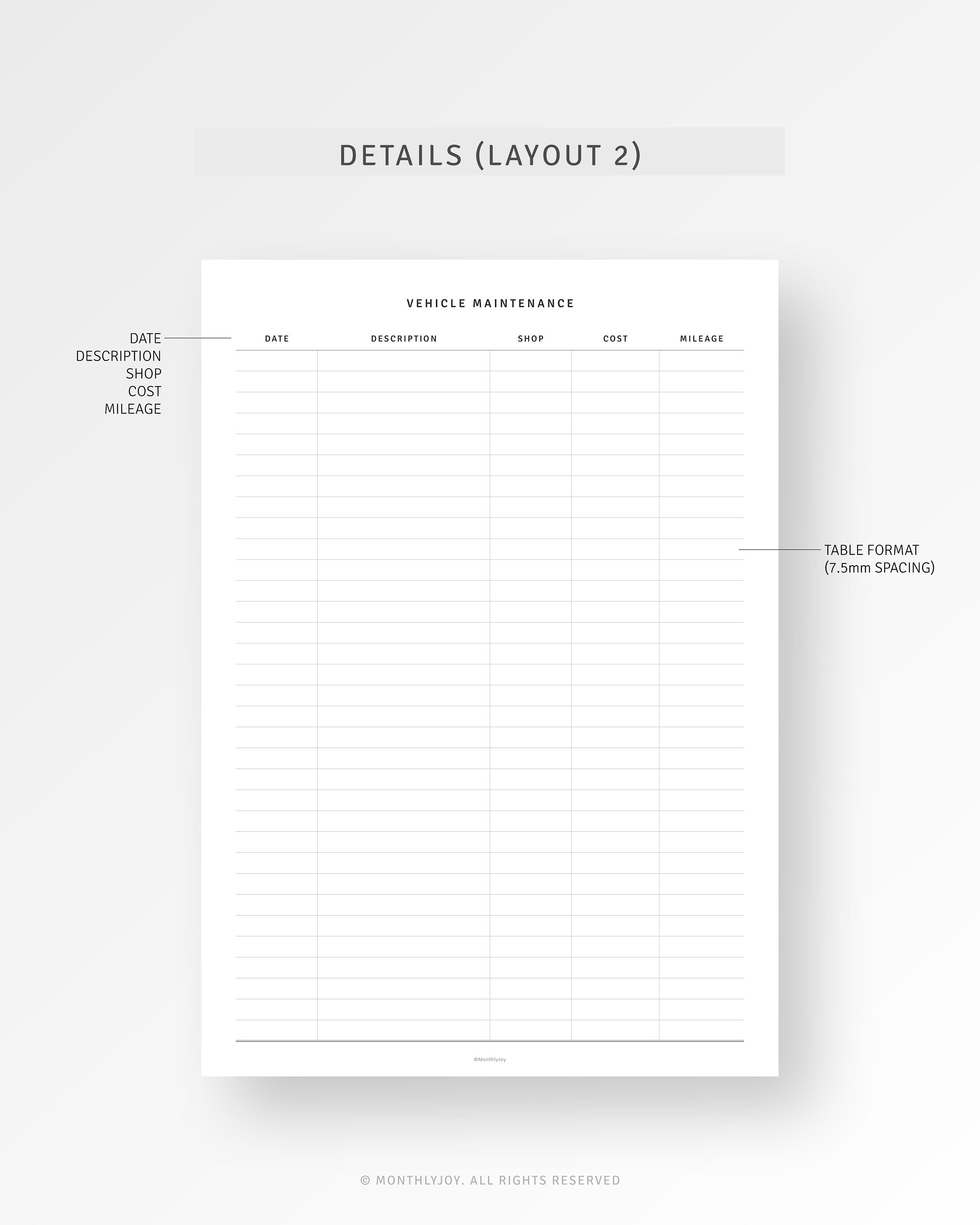 Car Maintenance Sheet A4/letter Size Printable Auto Mileage Log Journal ...