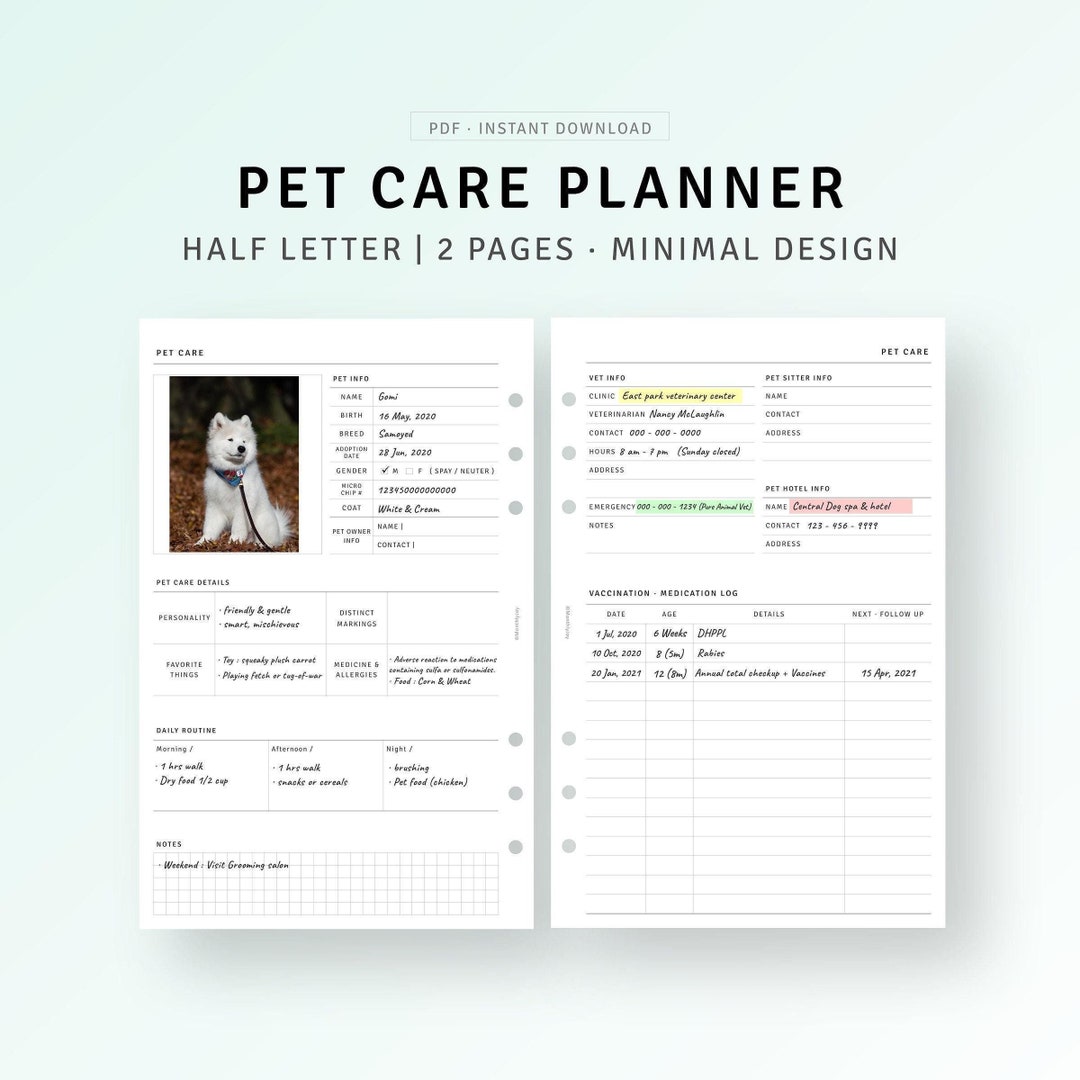 Pet Planner Half-letter Inserts Printable Puppy Dog Organizer, Pet ...