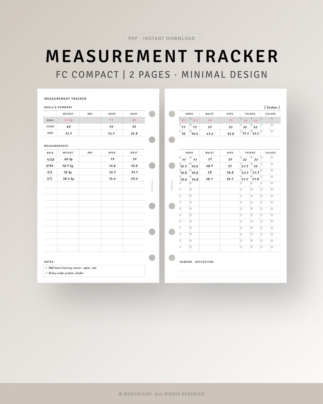 Body Measurement Tracker FC Compact Inserts Printable, Slimming Progress Chart, Weight Loss ...