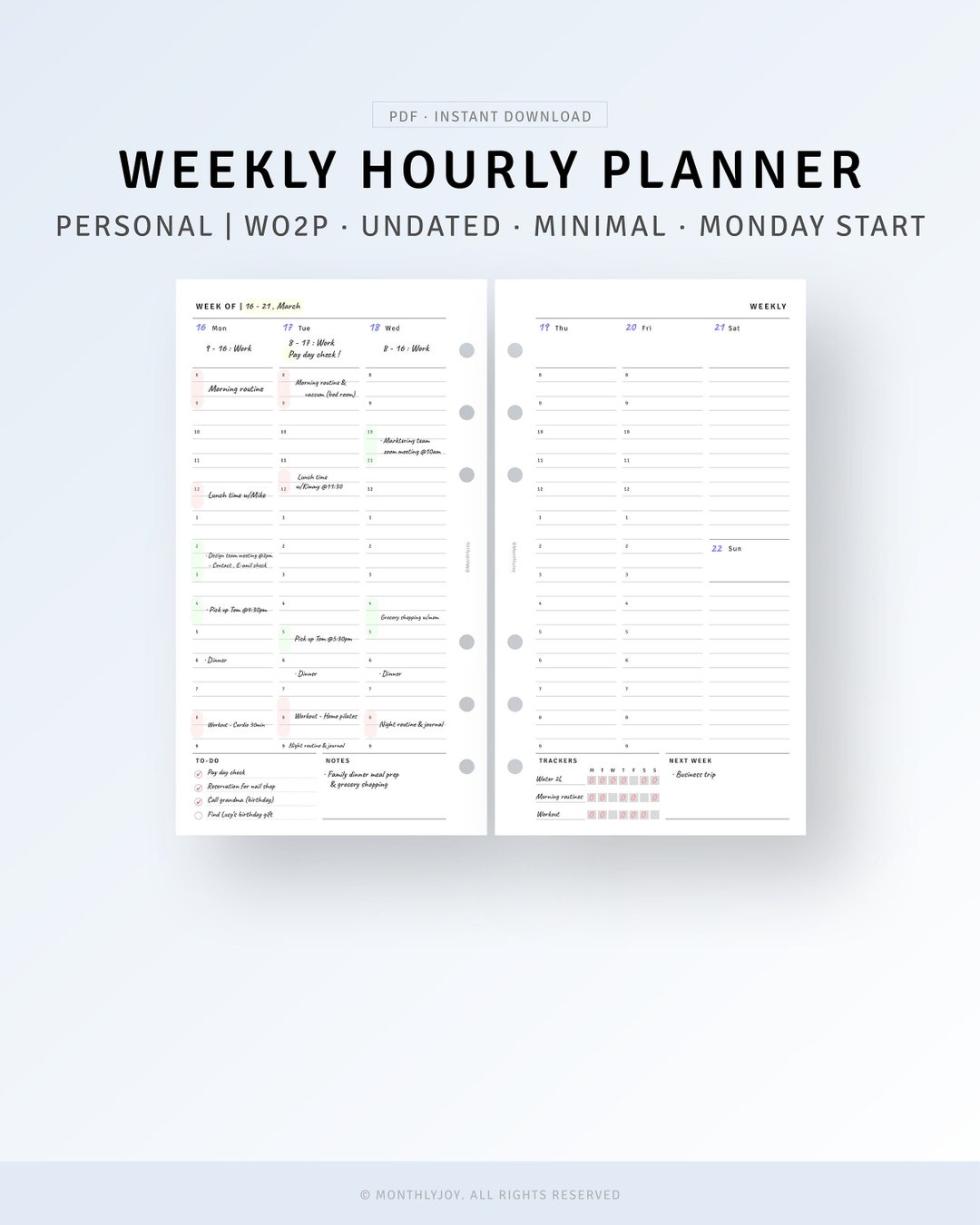 Personal Undated Weekly Hourly Planner Pages Printable Weekly Schedule ...