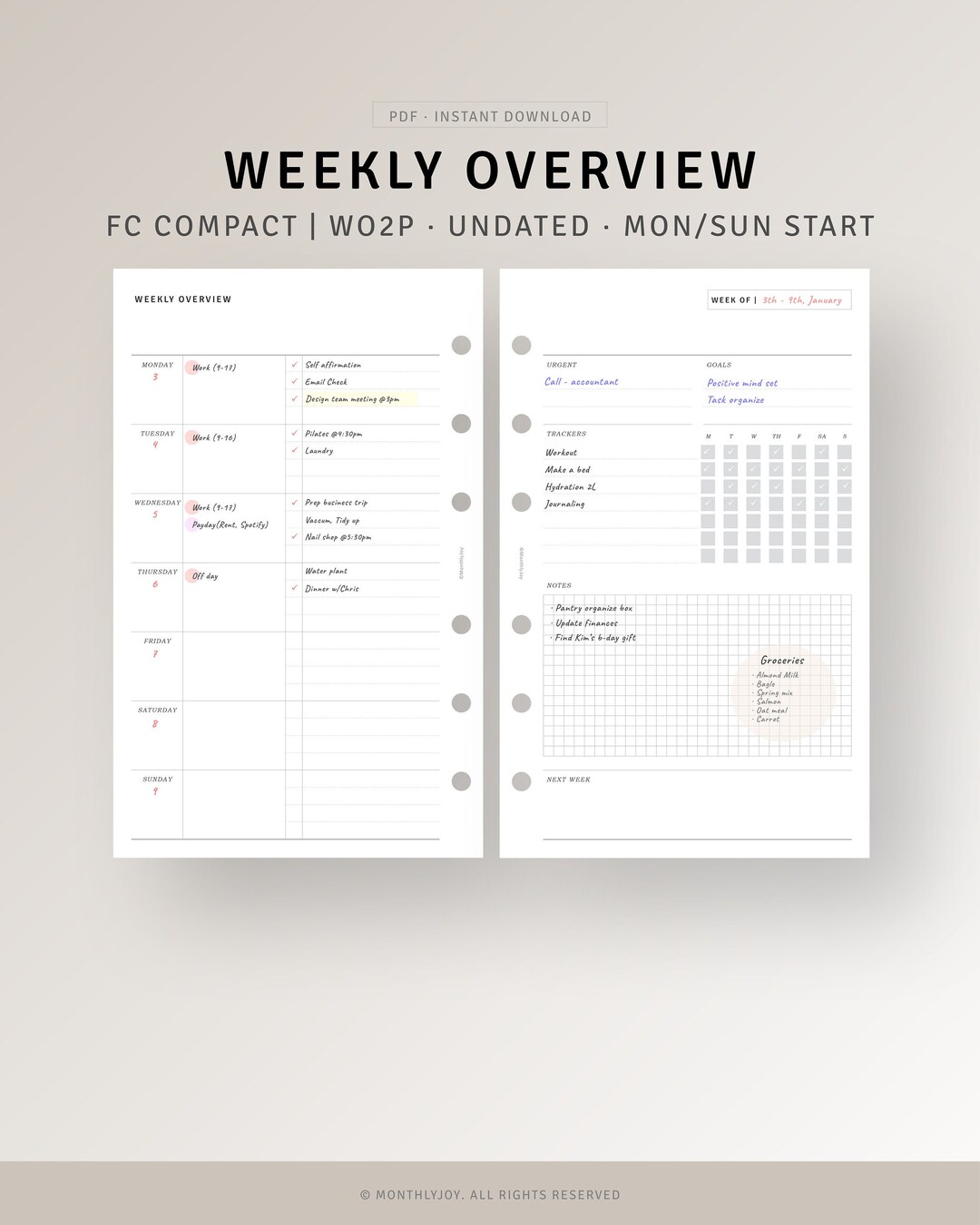 Weekly Overview FC Compact Printable Inserts Minimalist - Etsy