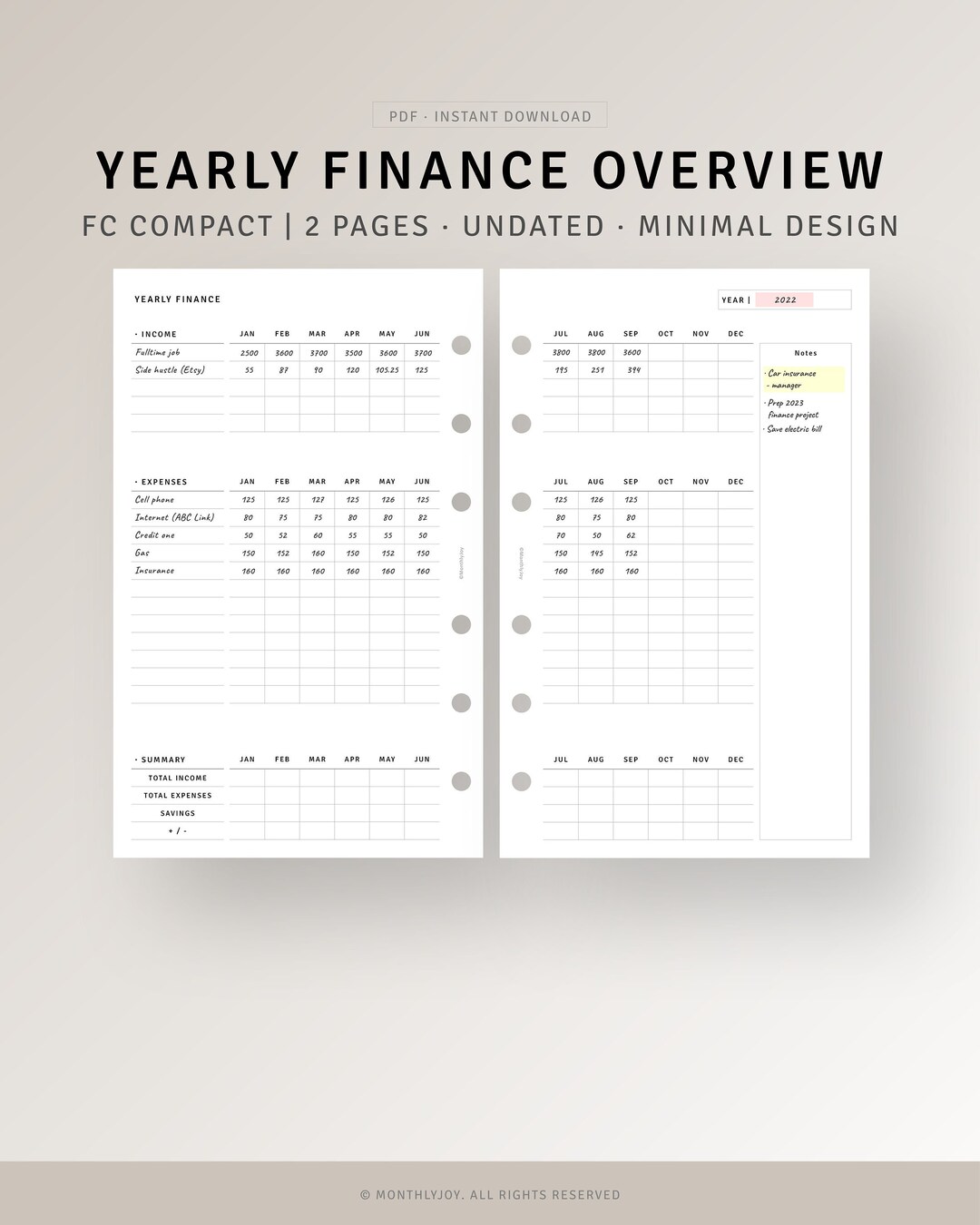 Yearly Finance Overview Printable FC Compact, Bill Organizer, Income ...