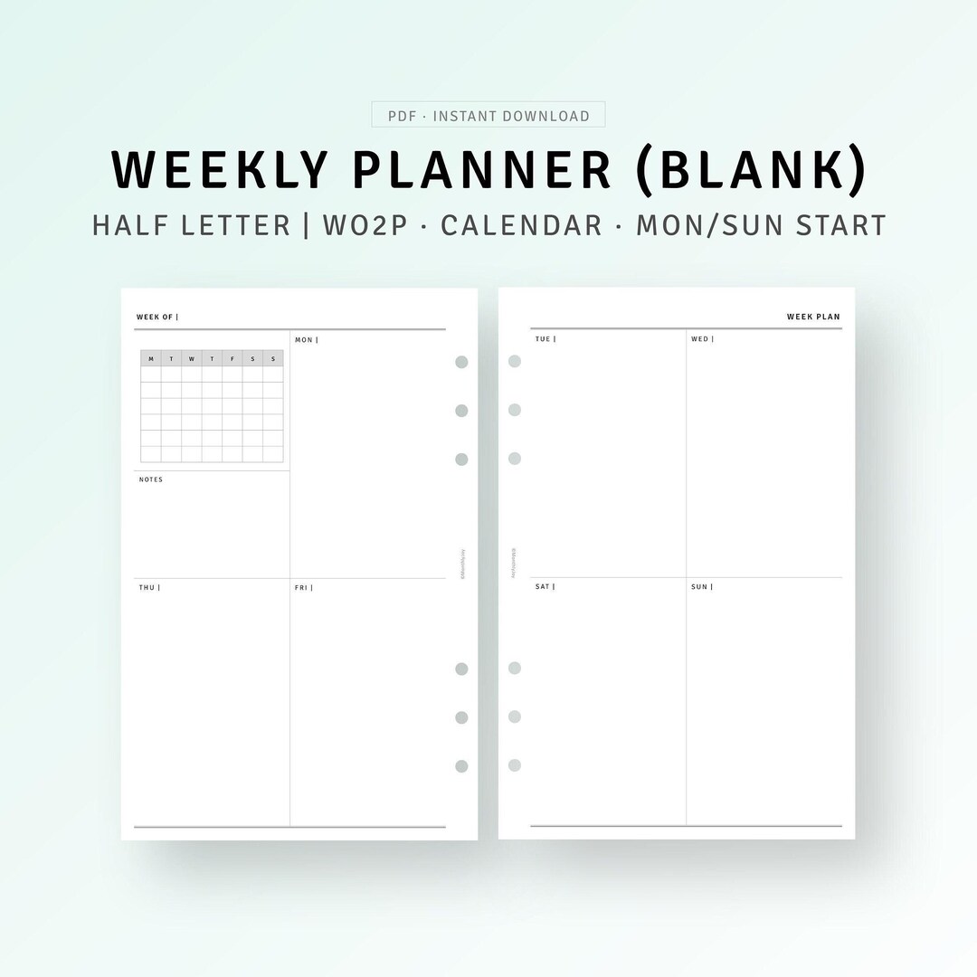 Blank Weekly Planner With Calendar Printable Half-letter Inserts ...