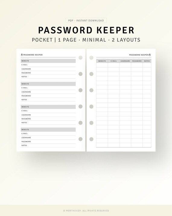 Password Tracker Printable Pocket Size Inserts Password Log | Etsy