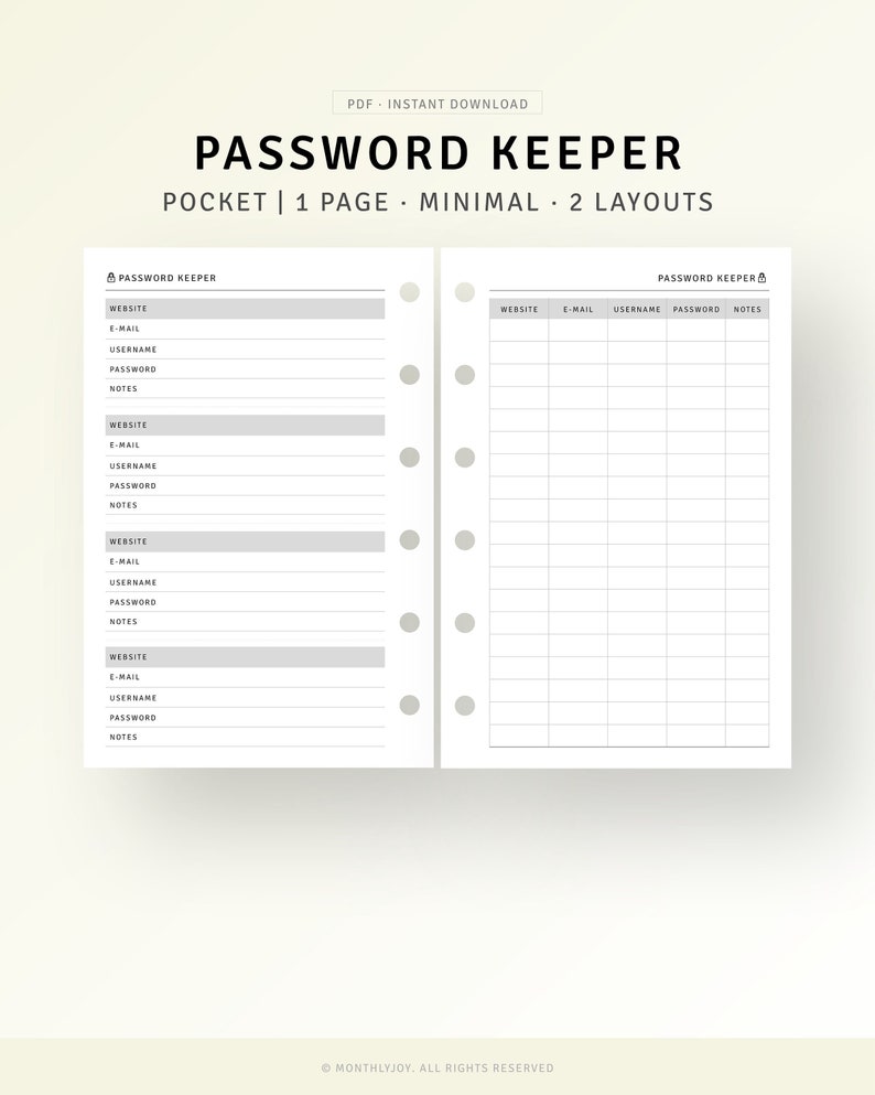 Password Tracker Printable Pocket Size Inserts Password Log | Etsy