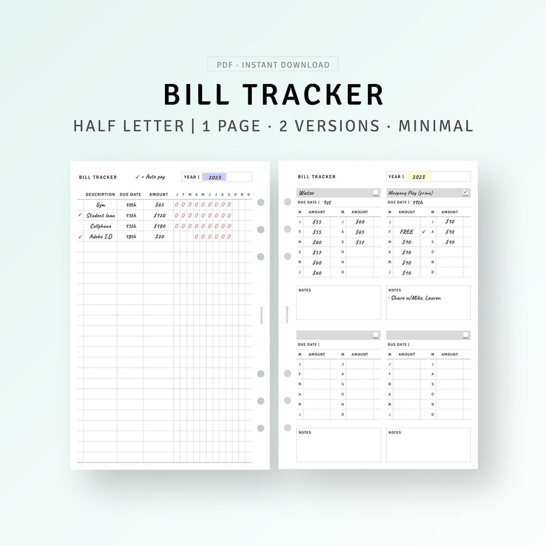 Bill Tracker Printable Half-letter Inserts, Finance Spending Journal ...
