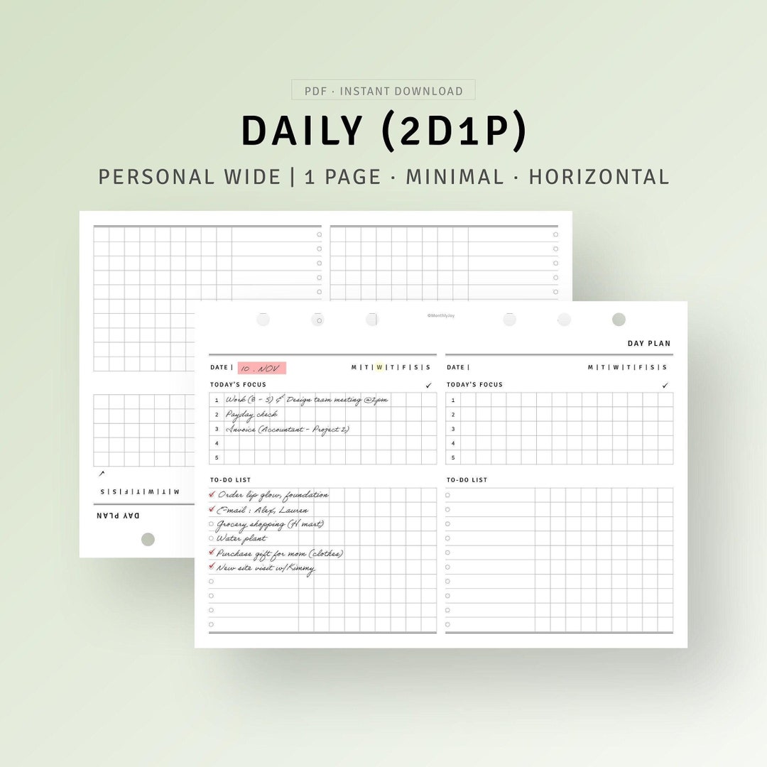Undated Daily Planner Printable Personal Wide Ring, 2 Days on 1 Page ...