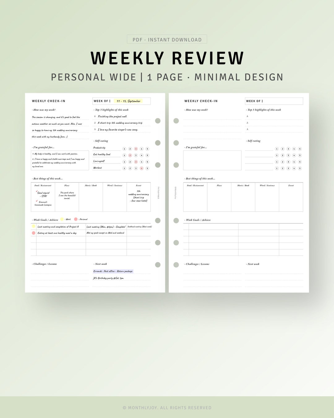 Weekly Review Printable Personal Wide Inserts, Mindfulness Weekly ...