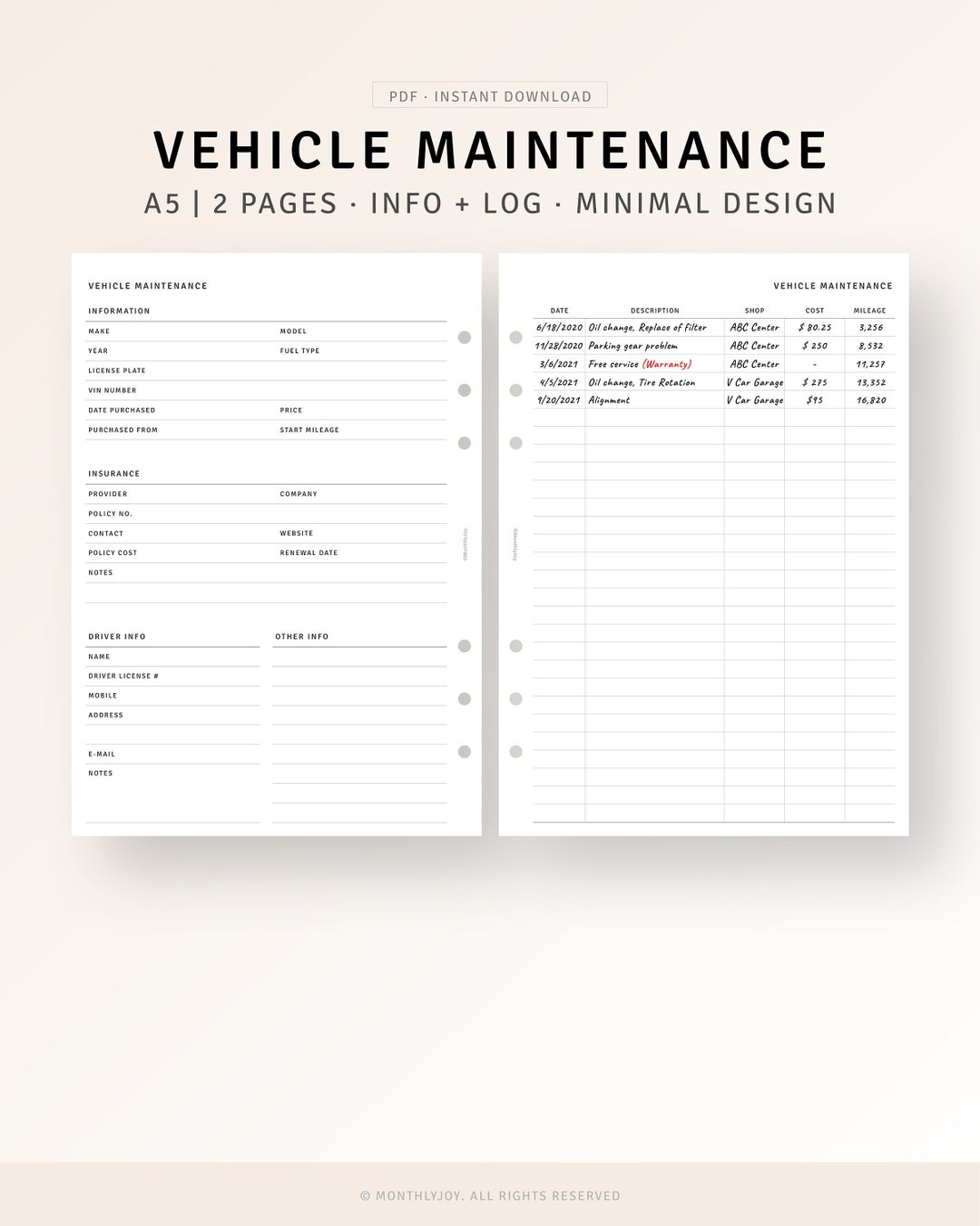 Car Maintenance Log A5 Ring Printable Vehicle Service Maintenance ...