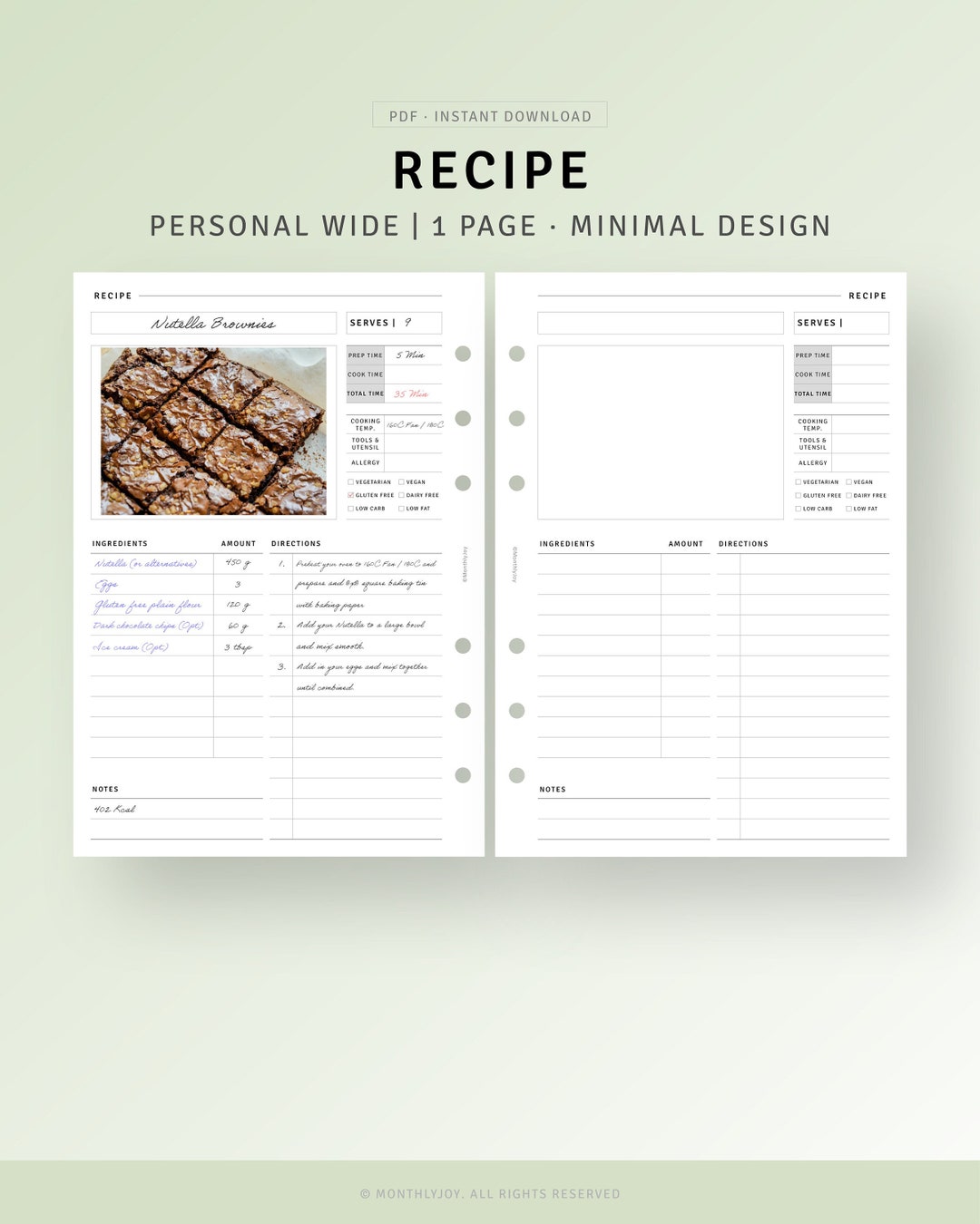 Recipe Journal Personal Wide Printable Inserts, Blank Food Recipe ...
