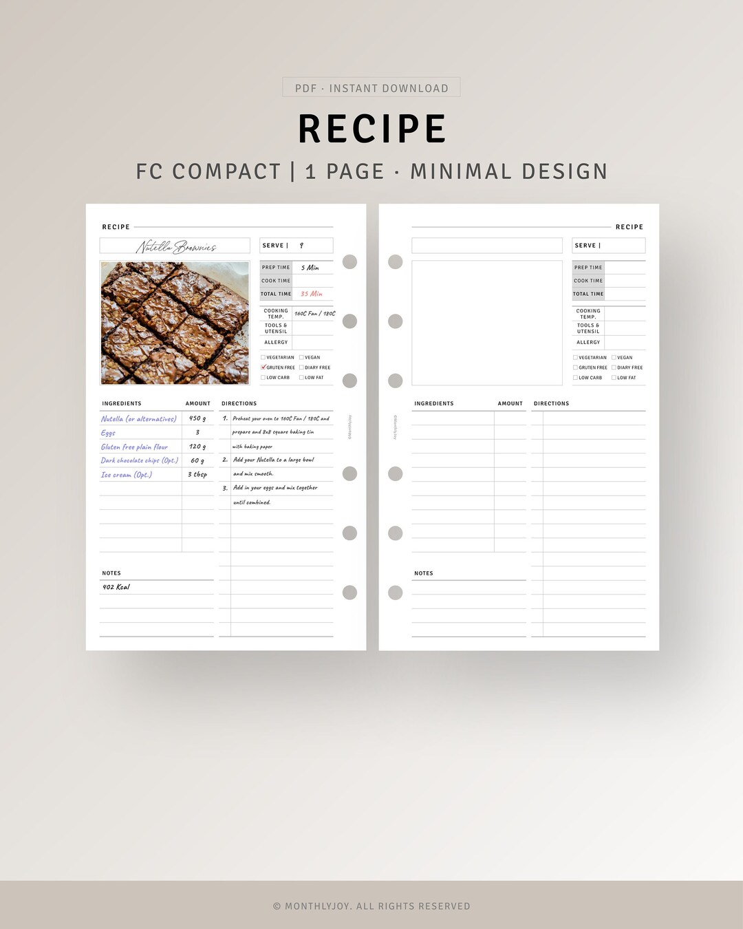 Recipe Template Printable FC Compact Inserts, Kitchen Recipe Journal ...