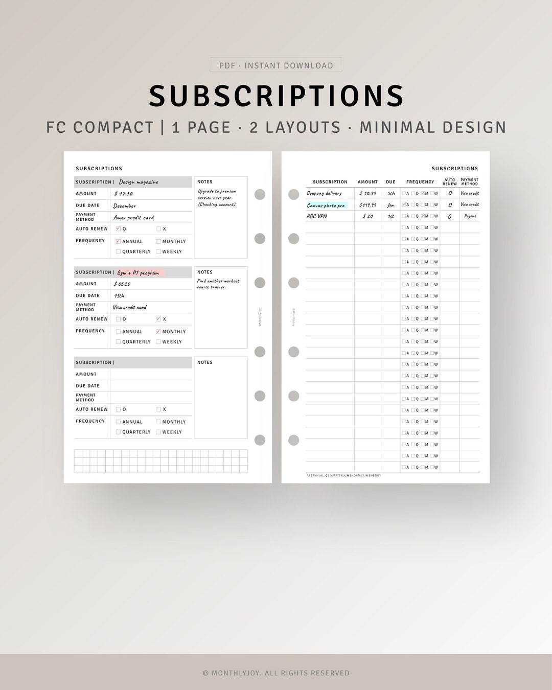 Subscription Tracker FC Compact Printable Inserts, Membership Template ...