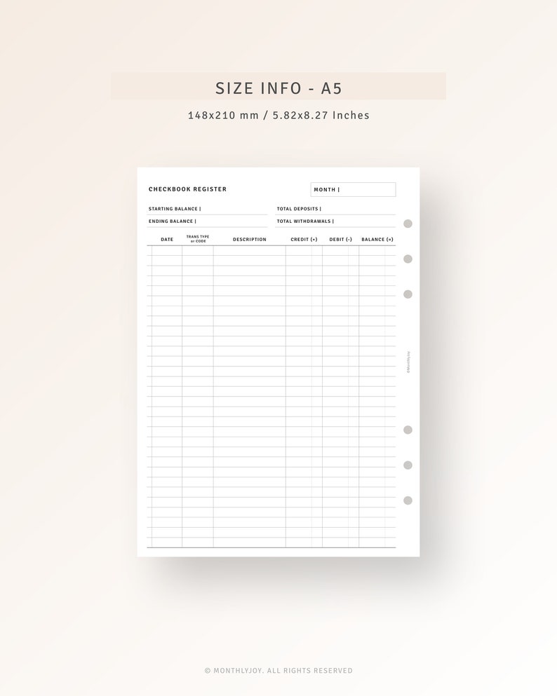 A5 Size, Checkbook Register Printable Template, Finance Planner ...