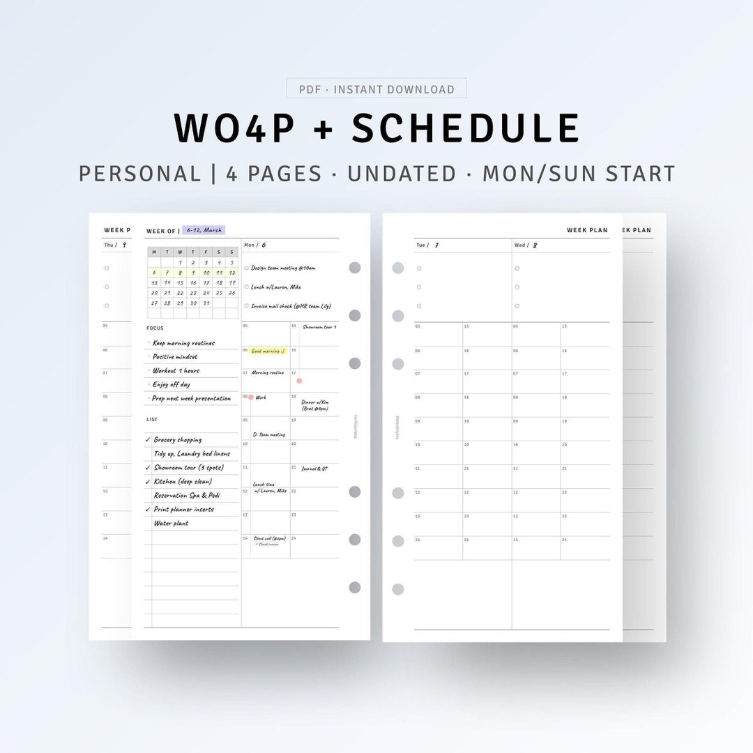 Personal, Week on 4 Pages Printable Weekly Calendar Layout Pages, Time ...