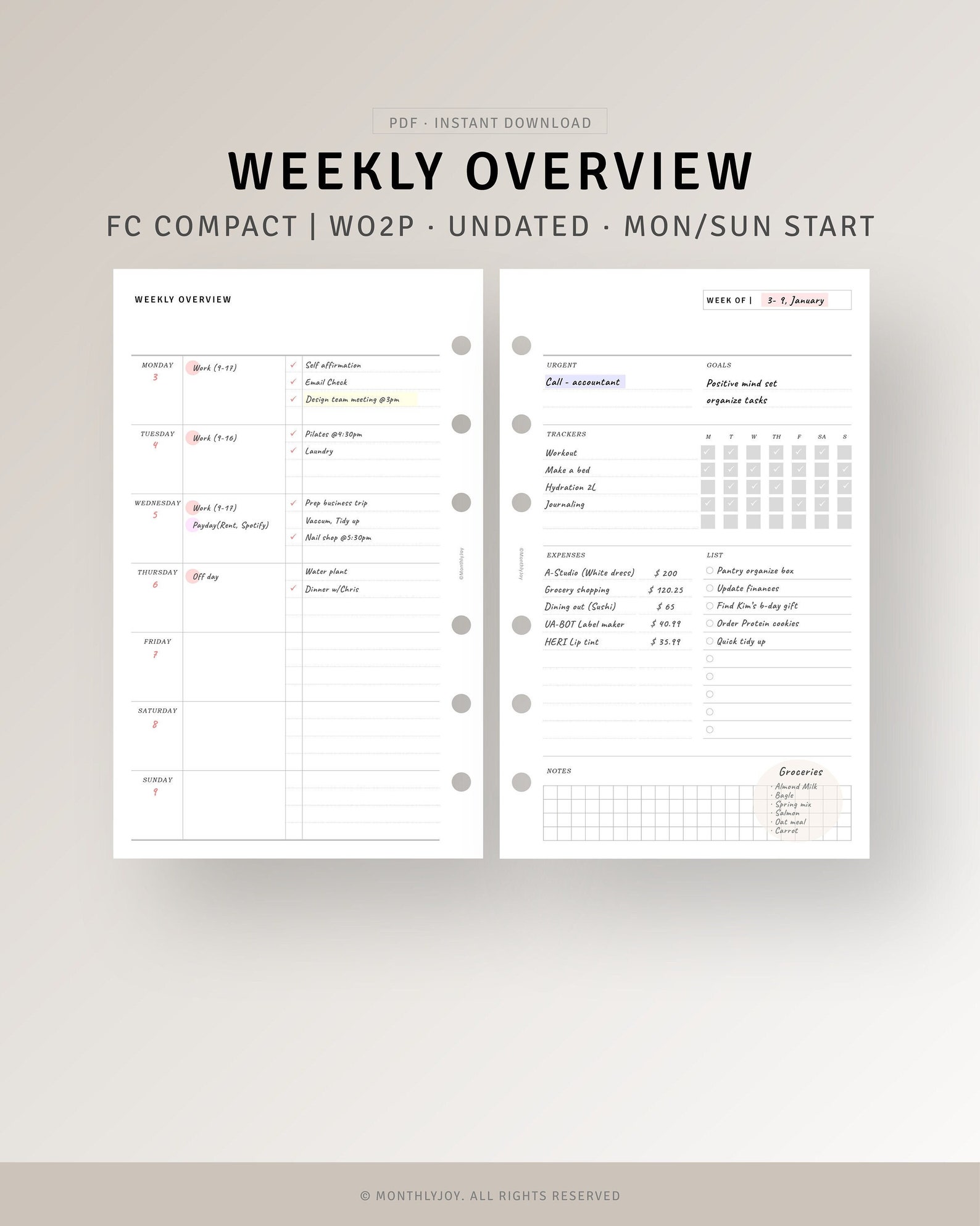 Weekly Overview FC Compact Printable Inserts, Weekly Agenda Organizer ...