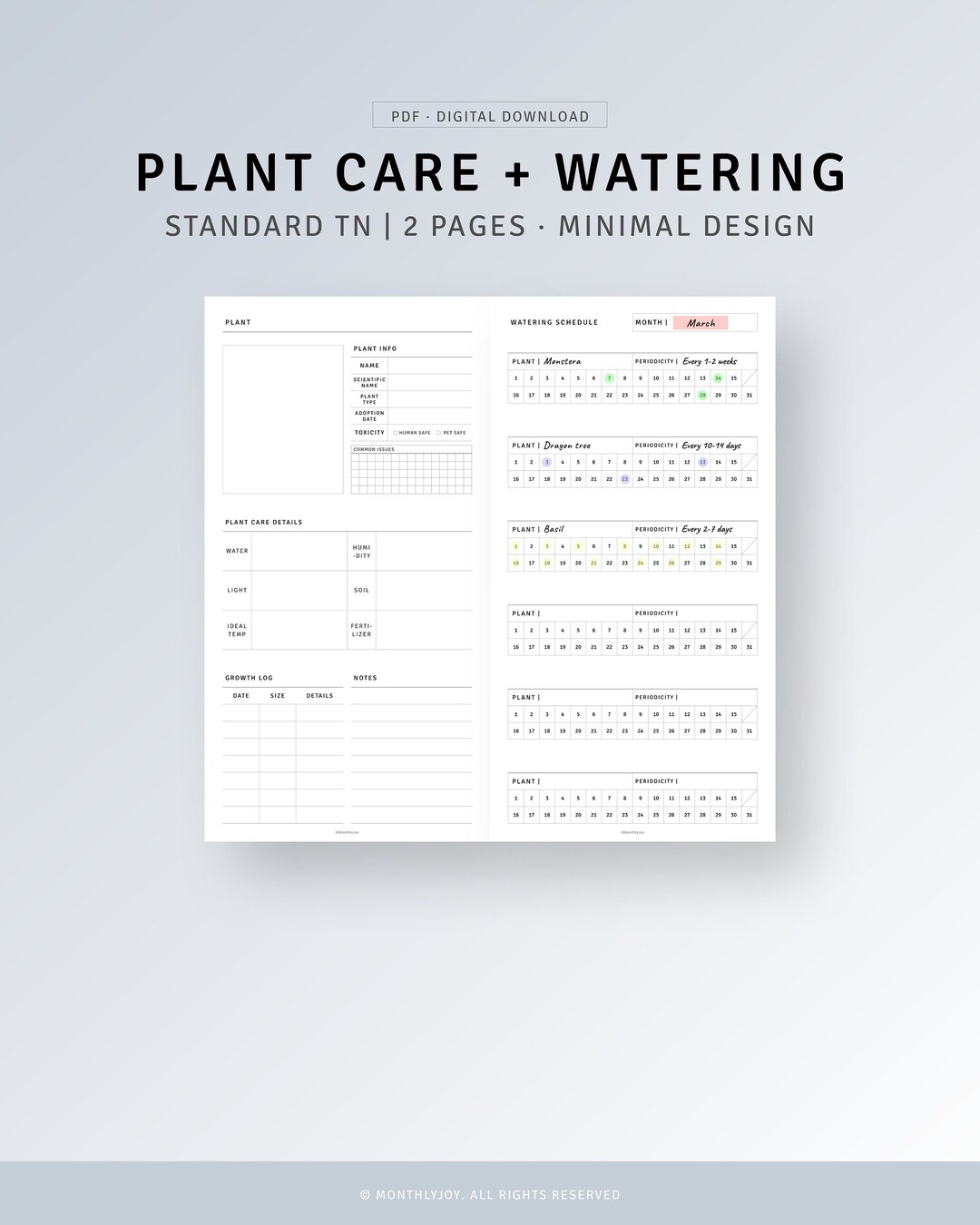 Plant Journal Printable Standard TN Inserts, Indoor Plant Care Tracker ...