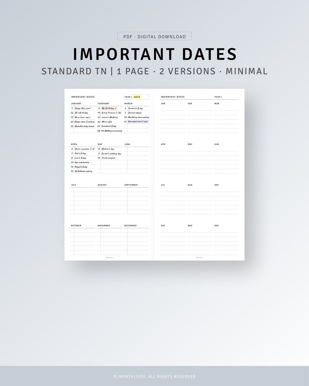 TN STANDARD | Yearly Important Dates Printable Birthday Parties ...