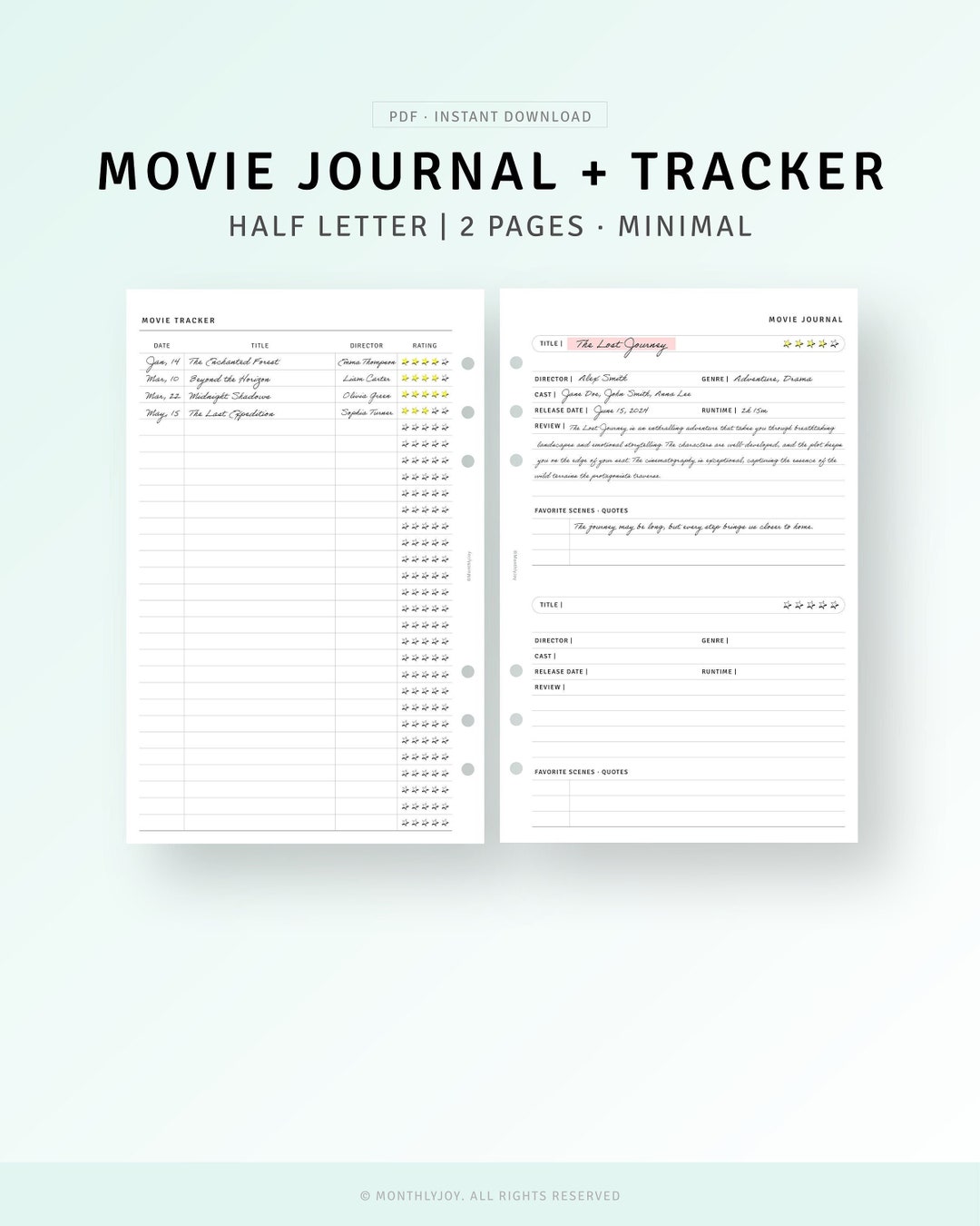 Movie Journal Printable Movie Watch List, Cinema Film Tracker Template ...