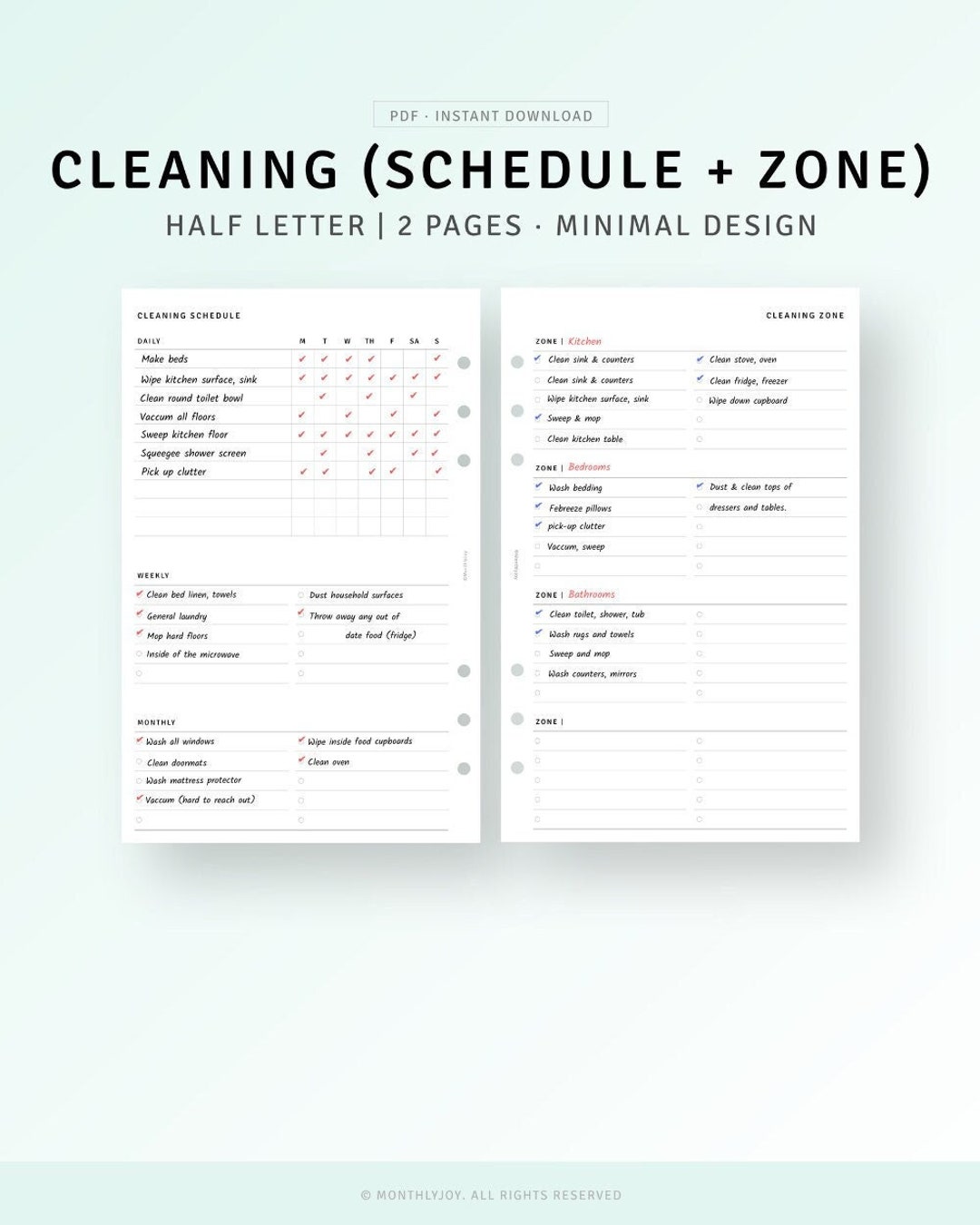 Cleaning Schedule Printable Half Letter Inserts, Zone Cleaning Tracker ...