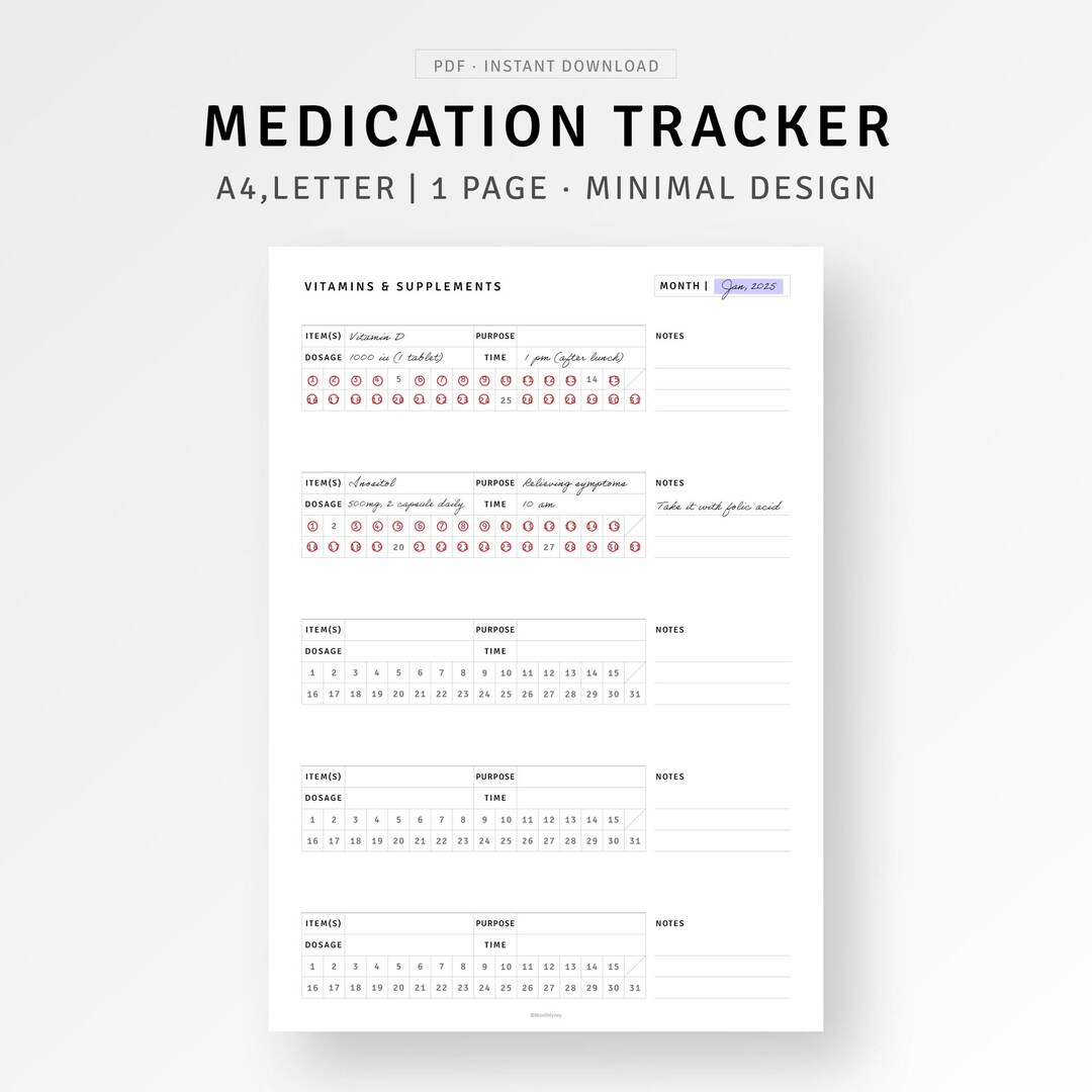 Vitamin Tracker Printable Daily Supplement Checklist, Health Wellness ...