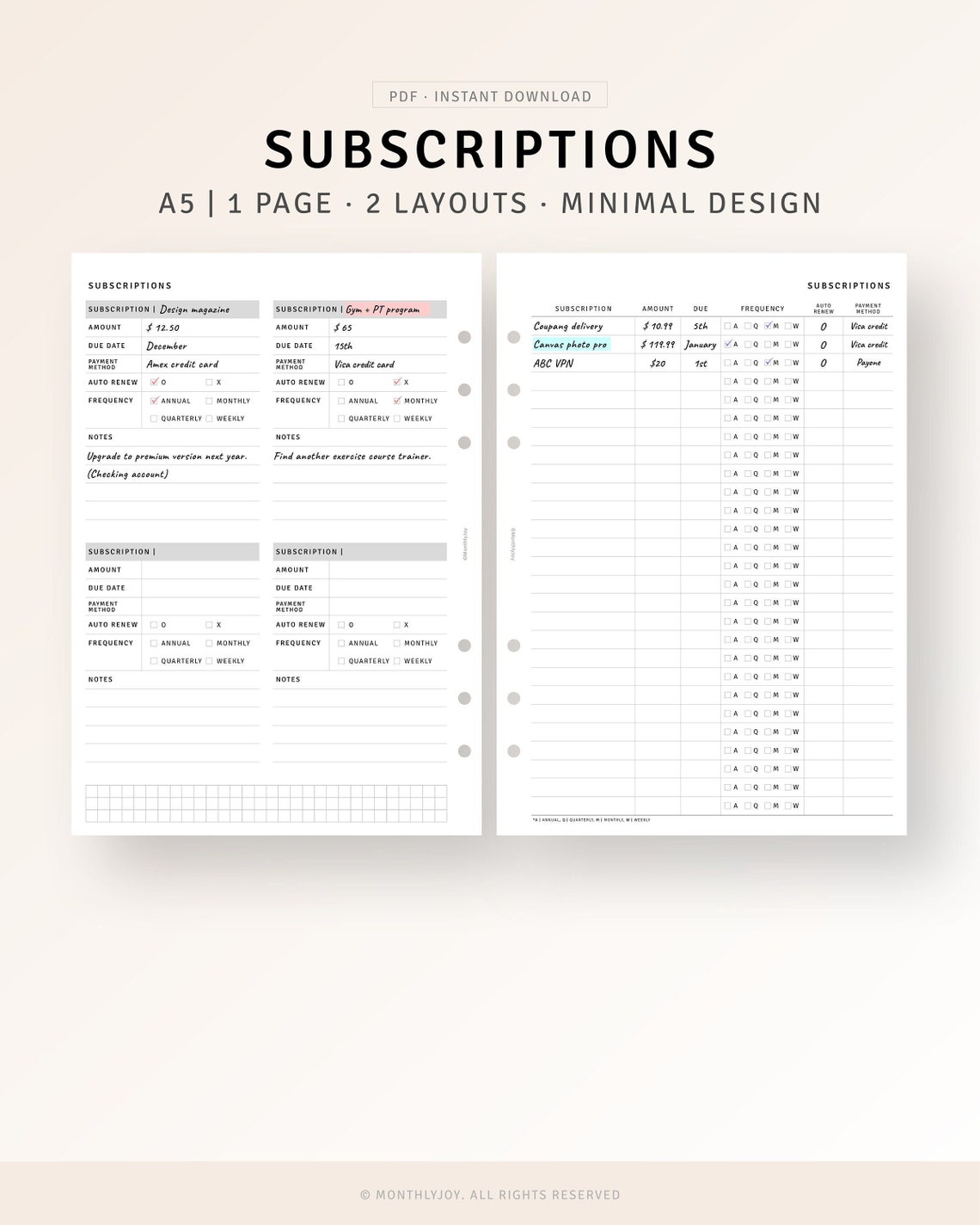 Subscription Tracker A5 Printable Planner Inserts, Membership Log ...