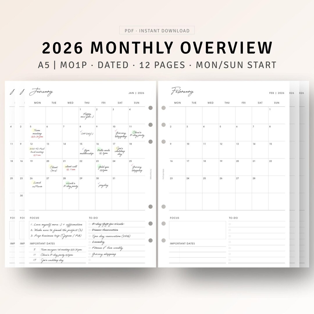 2026 Monthly Overview Planner Printable A5 Inserts, Month on 1 Page ...