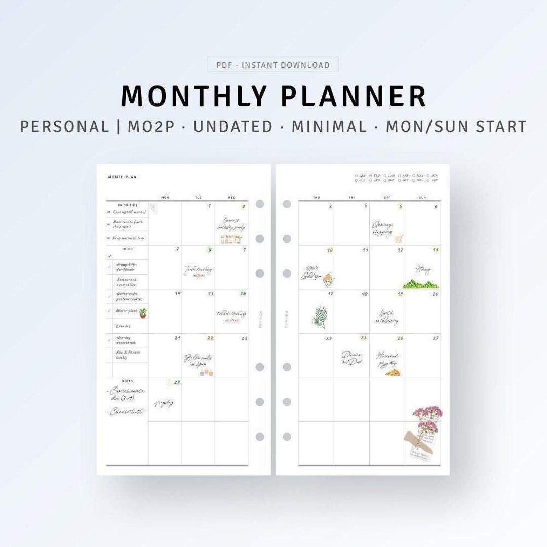 Personal, Printable Monthly Planner With Calendar, Month on Two Pages ...