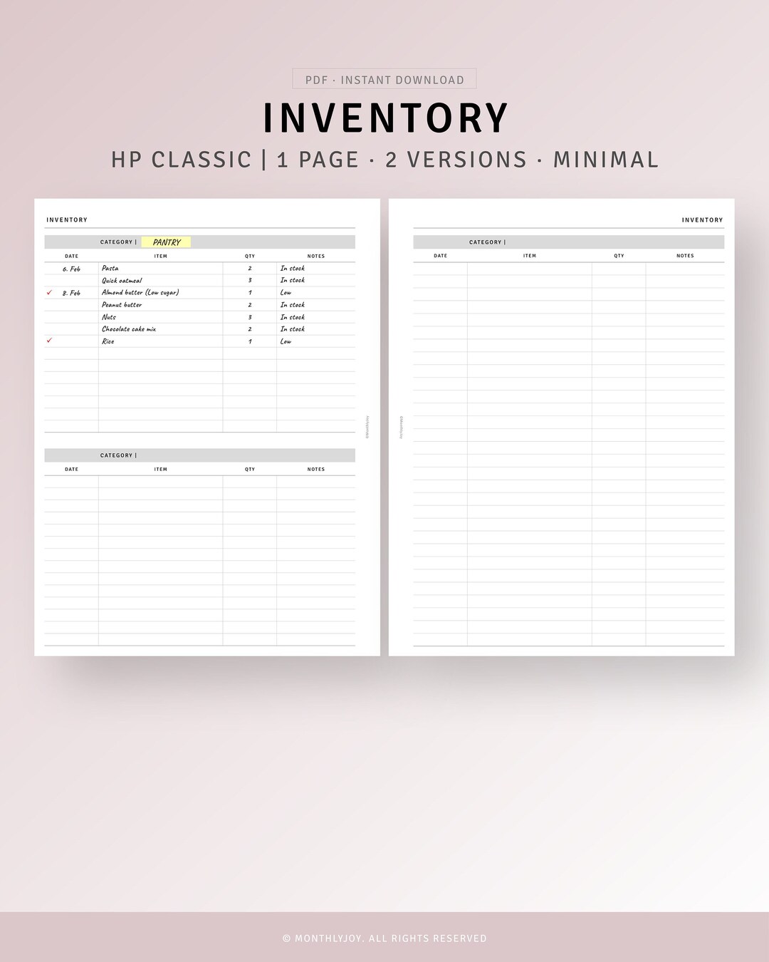 Inventory Tracker Template HP Classic Printable Inserts, Food Kitchen ...