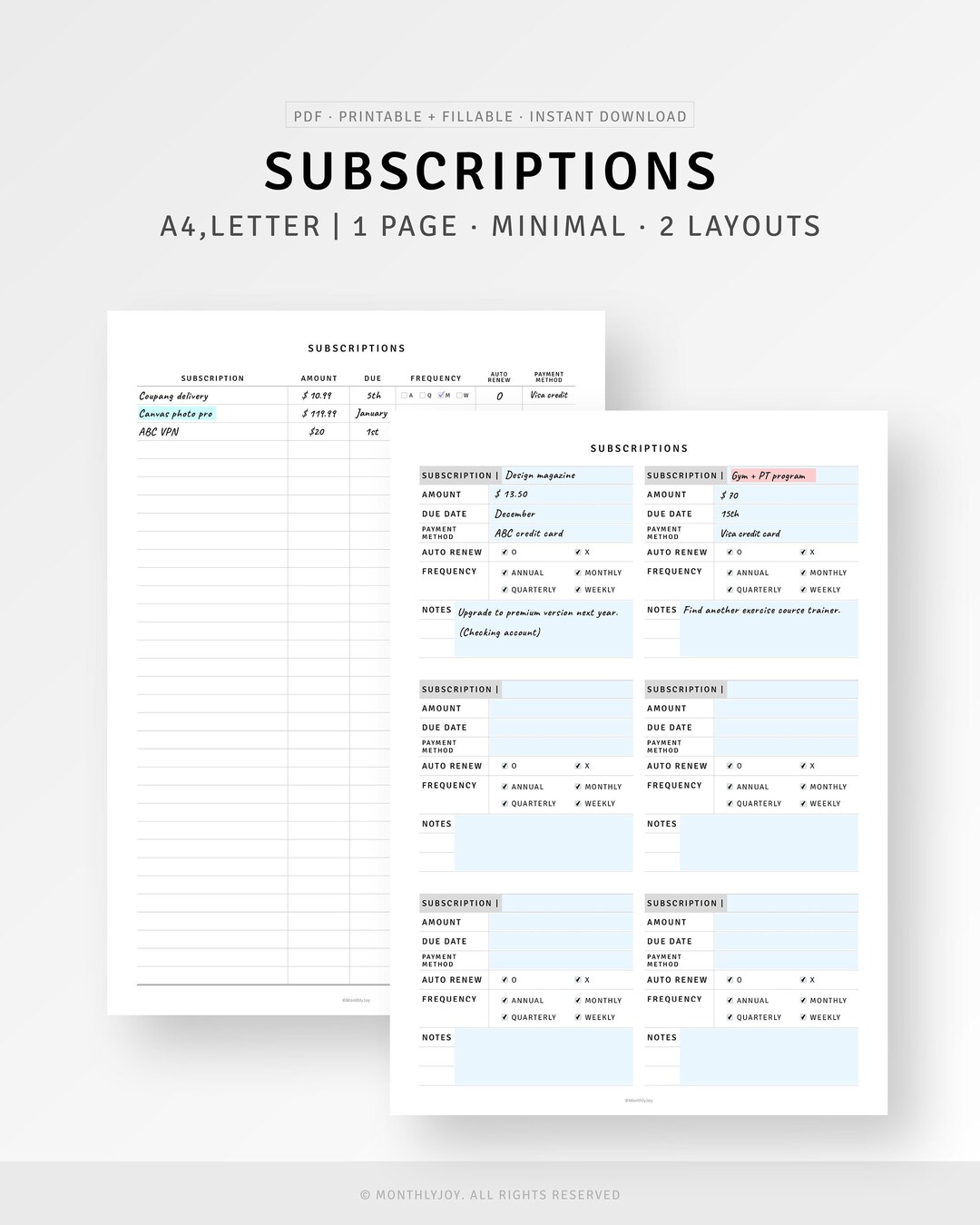 Subscription Tracker A4, Letter Inserts Printable Membership Log ...